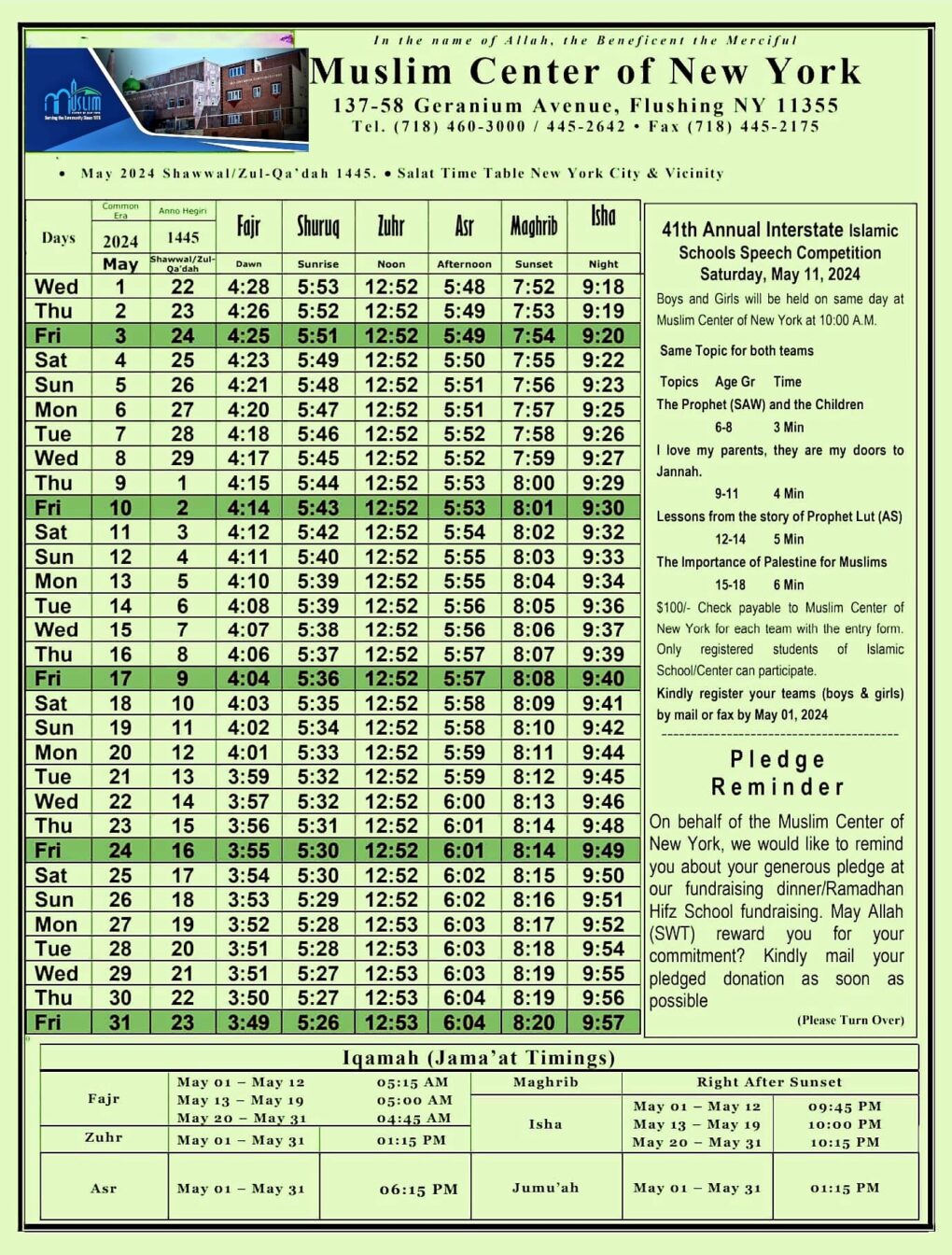 Prayer Times - Muslim Center of New York